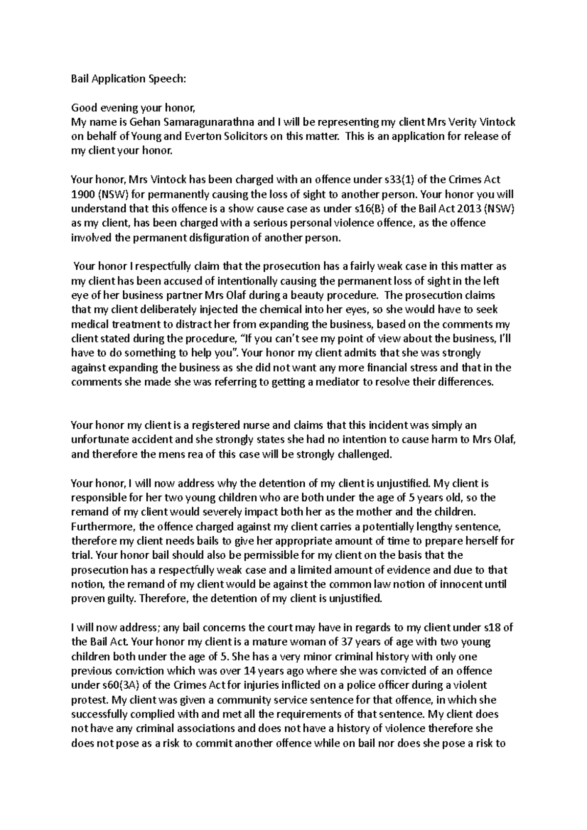 Bail Application Speech Final - Bail Application Speech: Good evening ...