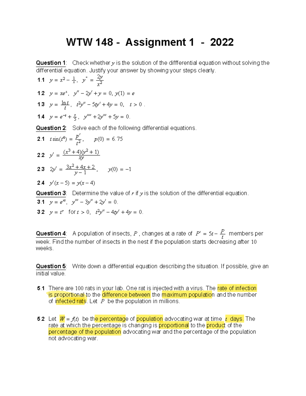 WTW 148 Assignment I(2022) - WTW 148 - Assignment 1 - 2022 Question 1 ...
