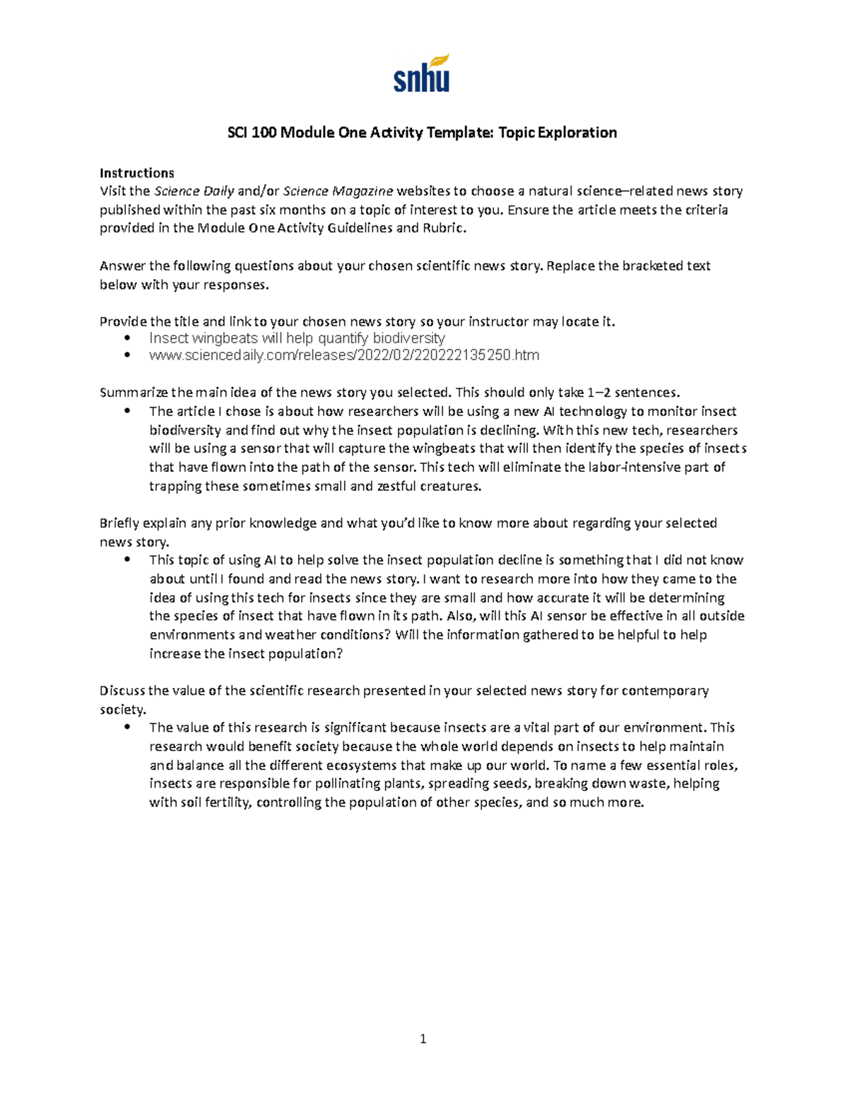 SCI 100 Module 1 - SCI 100 Module One Activity Template: Topic Exploration Instructions Visit ...