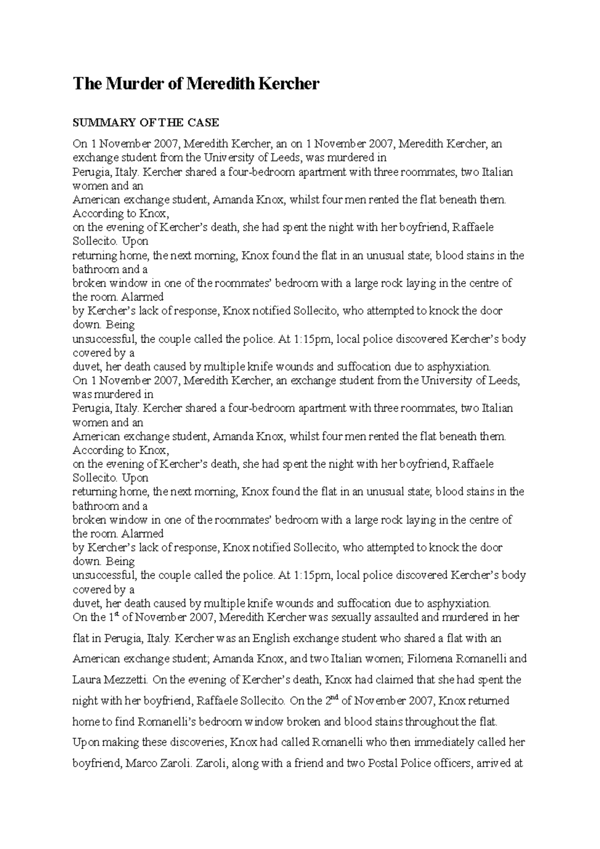 Major Assignment - The Murder of Meredith Kercher SUMMARY OF THE CASE ...