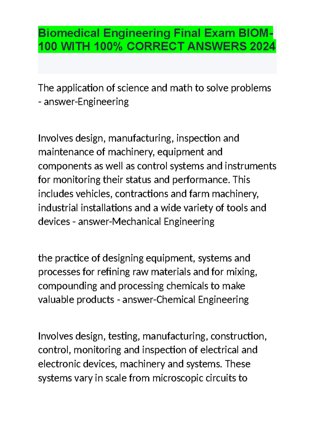 Biomedical Engineering Final Exam BIOM-100 WITH 100% Correct Answers ...