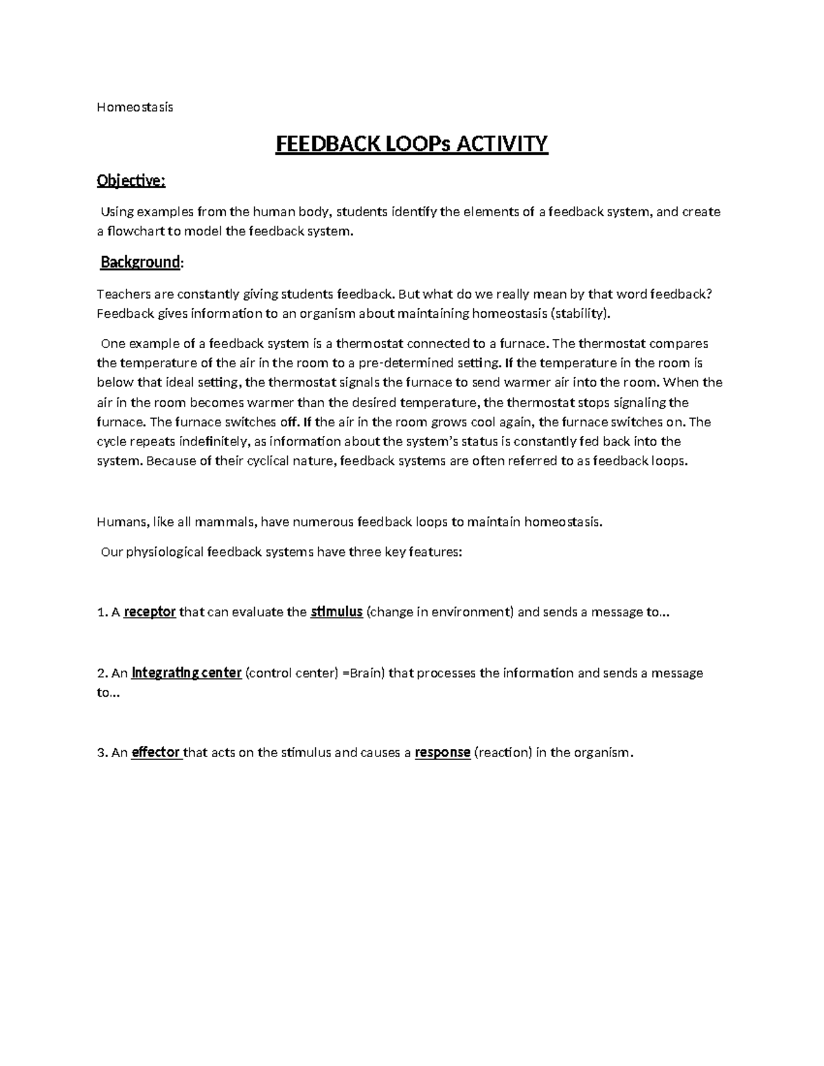 Homeostasis activity 2020 (1) - Homeostasis FEEDBACK LOOPs ACTIVITY ...
