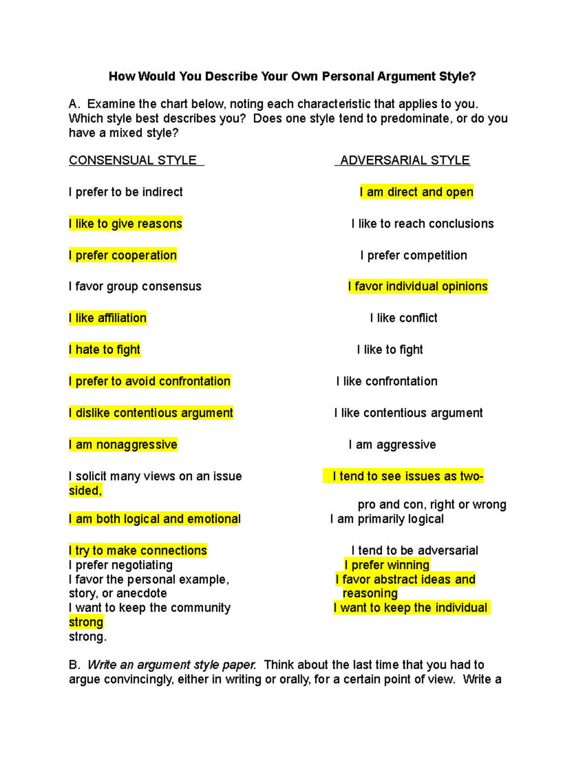Personal Argument Style Assignment - How Would You Describe Your Own ...