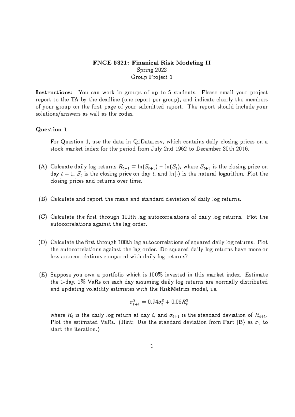Projects for the academic year - FNCE 5321: Finanical Risk Modeling II ...