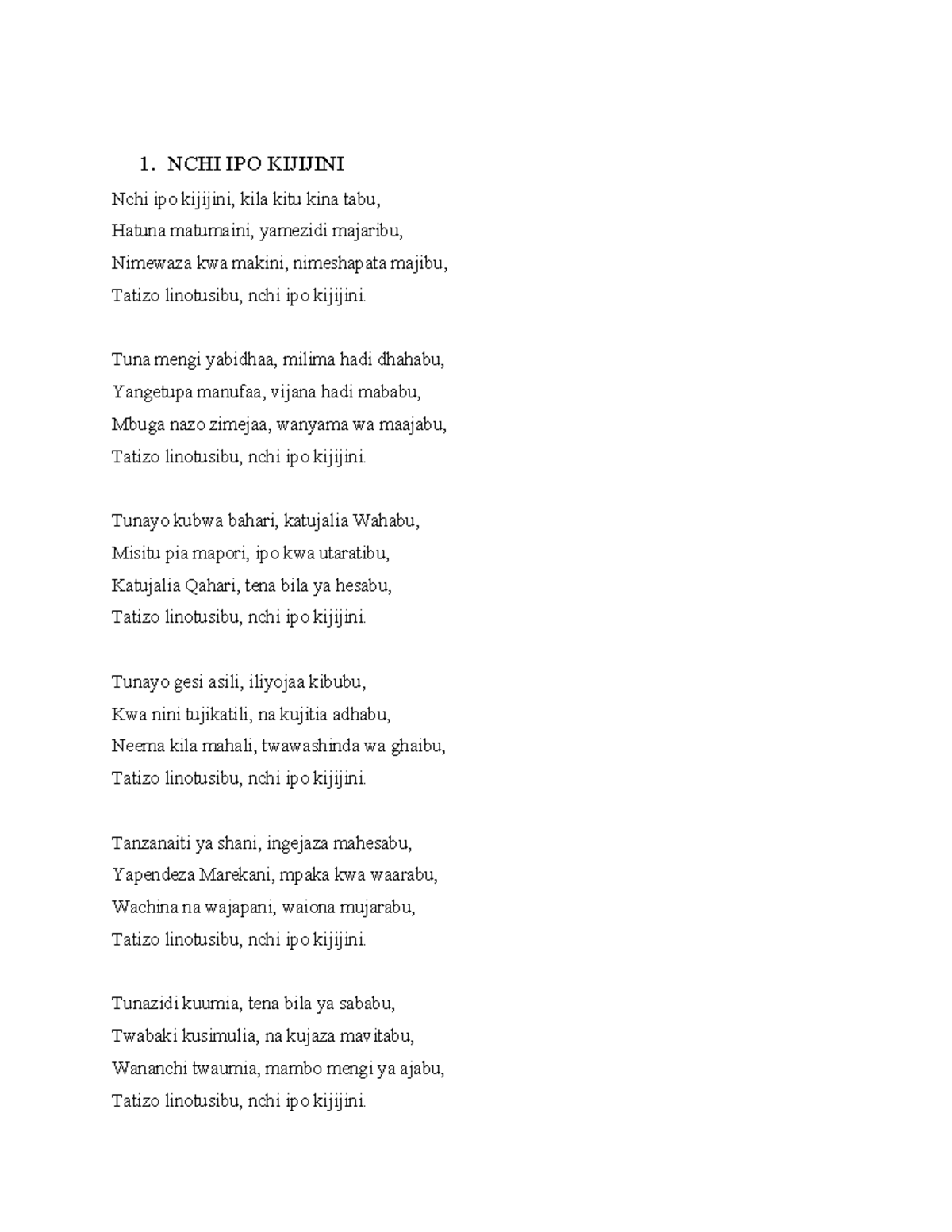 Mashairi - Summary B.A kiswahili - 1. NCHI IPO KIJIJINI Nchi ipo ...