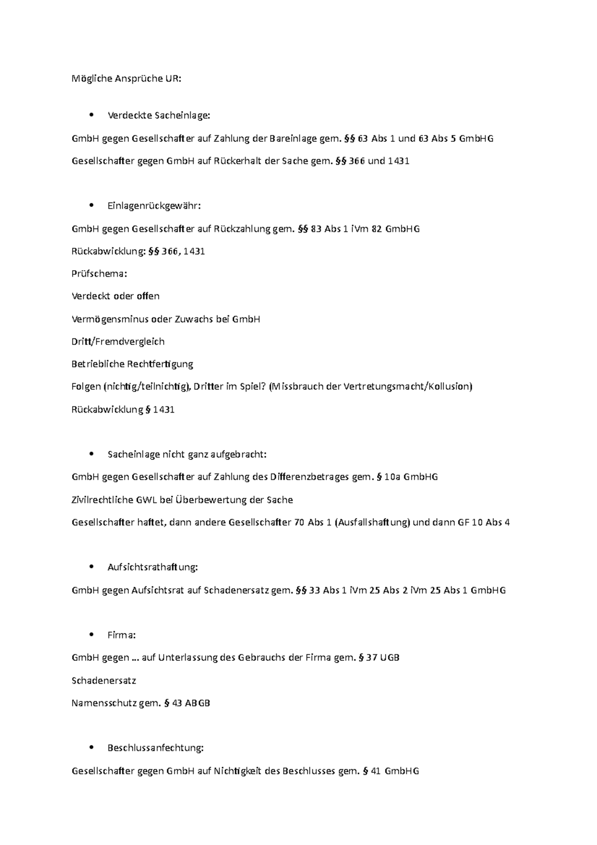 Mögliche Ansprüche UR - Mögliche Ansprüche UR: Verdeckte Sacheinlage ...