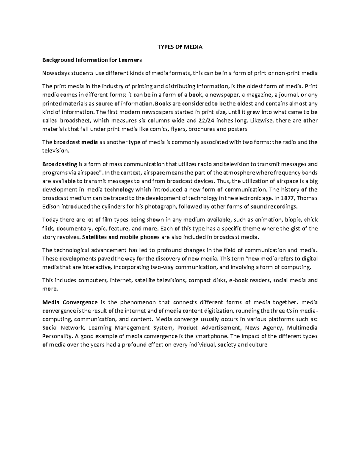 Week 4 Types OF Media - TYPES OF MEDIA Background Information for ...