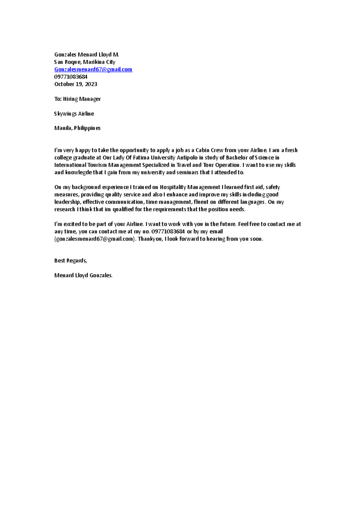 Cover Letter - Gonzales Menard Lloyd M. San Roque, Marikina City ...