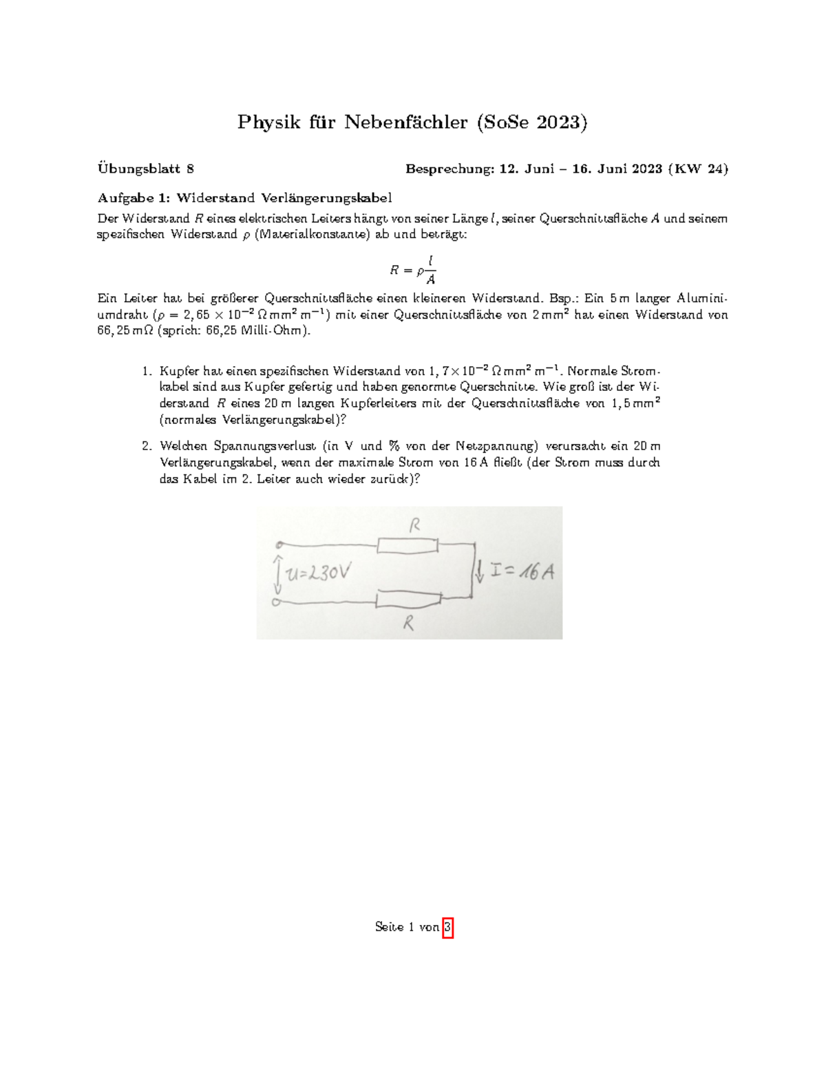Physik 2023 ÜB8 - WinterSemester, mit Lösungen - Physik f ̈ur Nebenf ̈achler (SoSe 2023) - Studocu