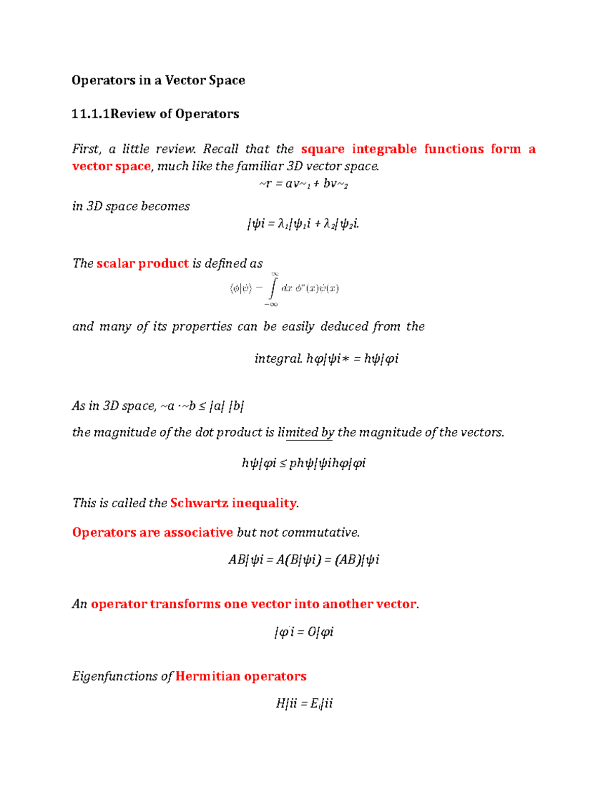 Operators in a Vector Space - 1 of Operators First, a little review ...