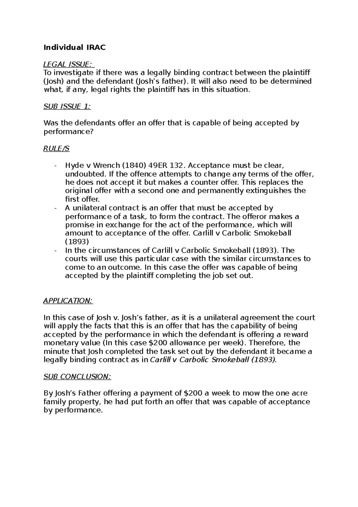 IRAC task - Individual IRAC task - Individual IRAC LEGAL ISSUE: To ...