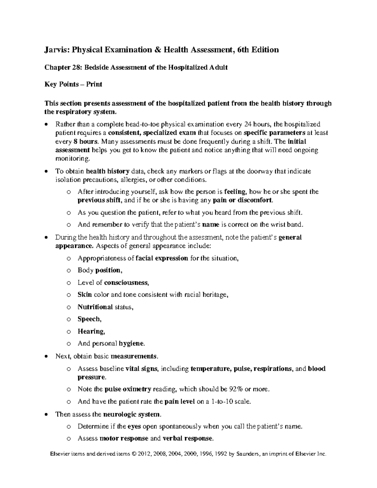 Skills Checklist Bedside Assessment skills skills - Jarvis: Physical ...