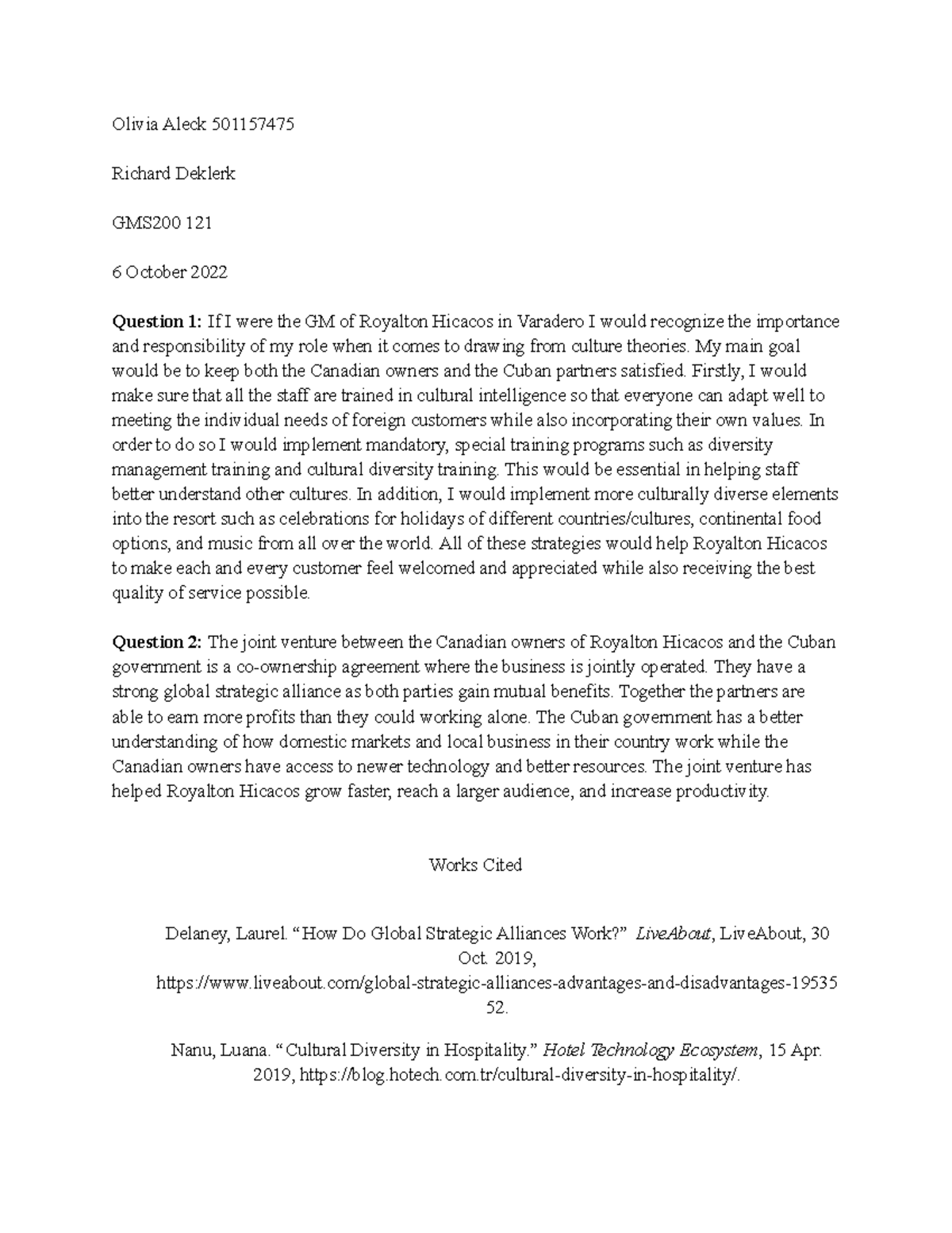 GMS Assignment 1 - Olivia Aleck 501157475 Richard Deklerk GMS200 121 6 ...
