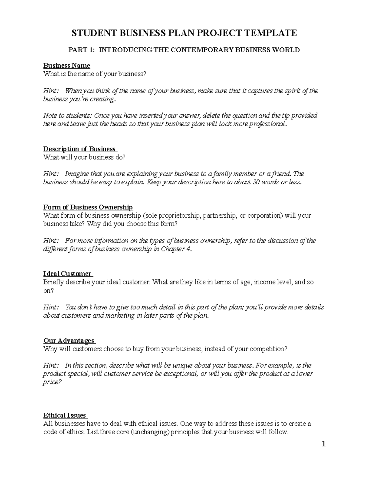 Ebert 7e Business Plan Template - STUDENT BUSINESS PLAN PROJECT ...