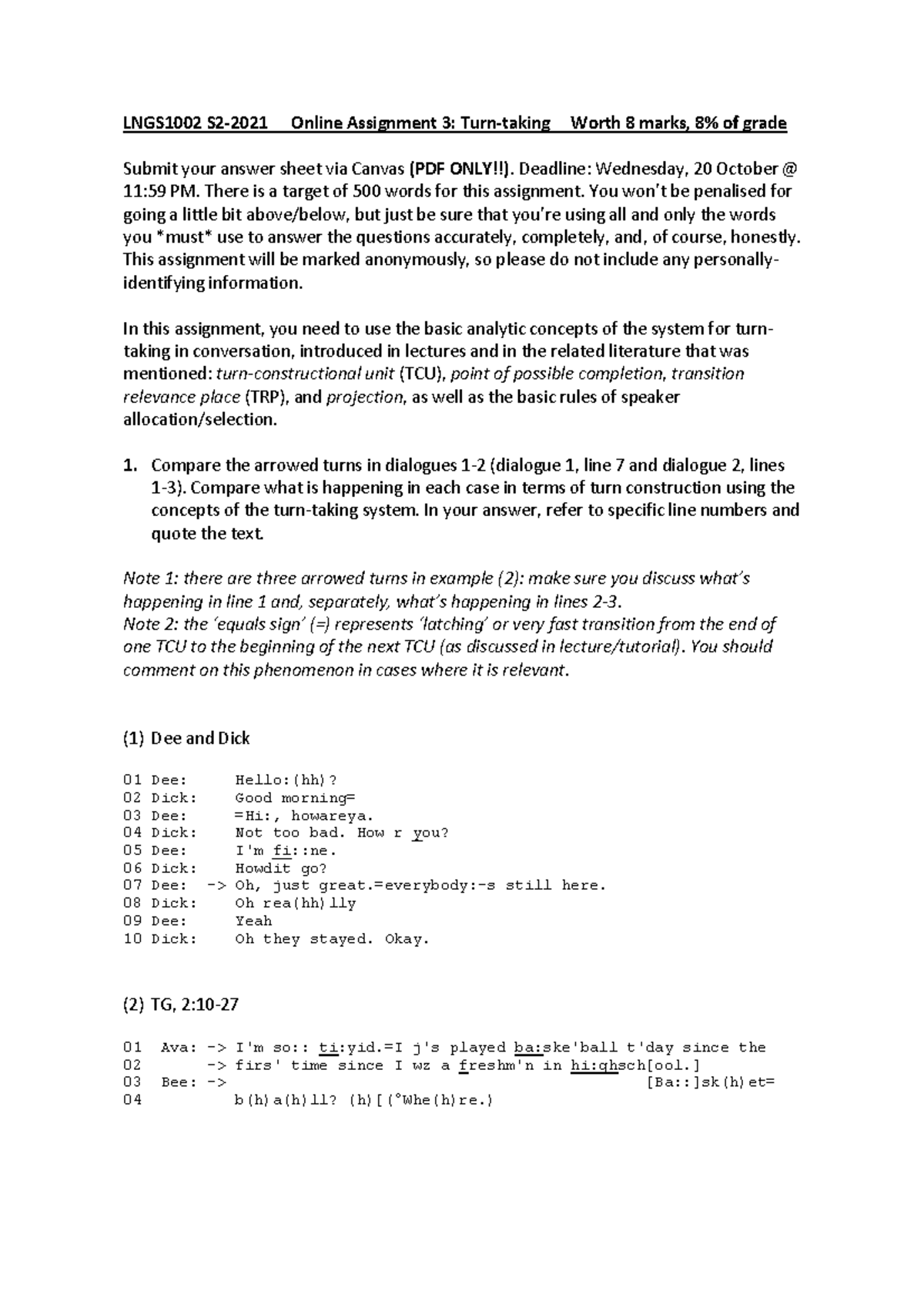 Assignment 4 - lGNS1002 assessment 4 - LNGS1002 S2-2021 Online Assignment 3: Turn-taking Worth 8 ...