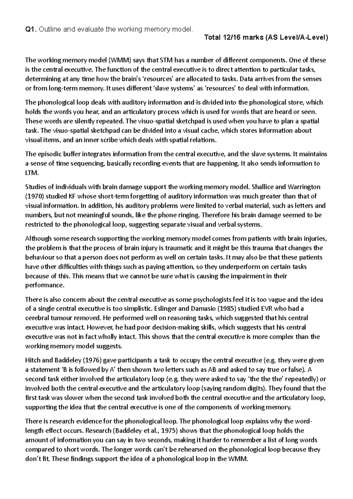 WMM example essay for marking - Q1. Outline and evaluate the working ...