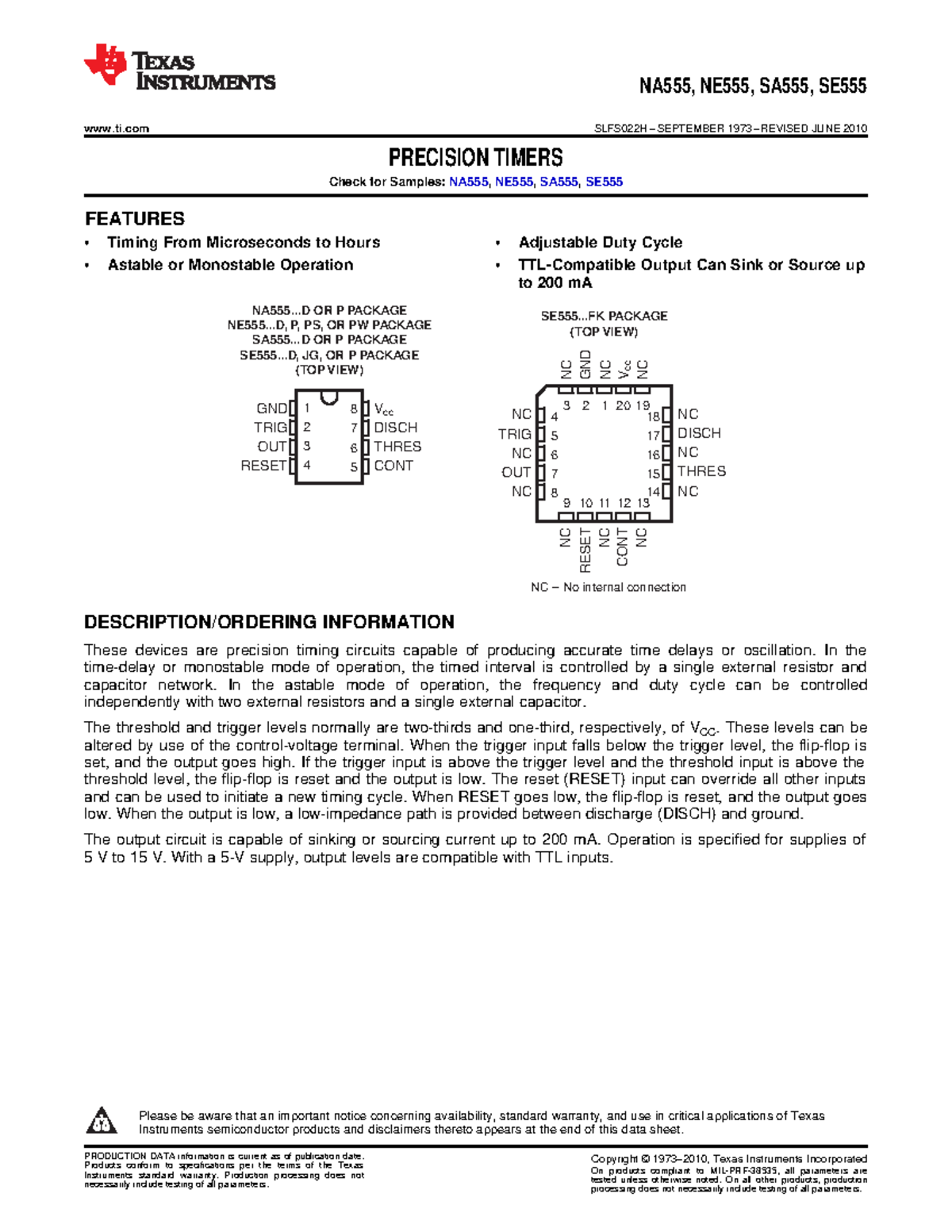 NA555 - This pdf contains the datasheet for the 555 timer for use in electronics engineering ...