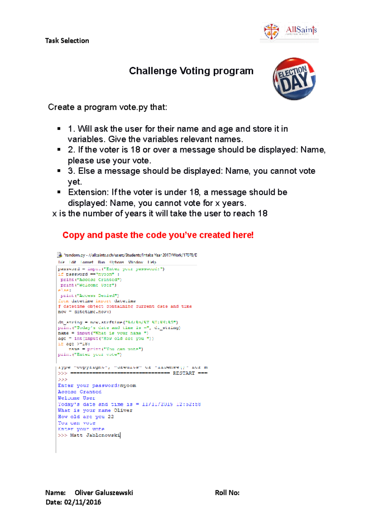 Task 1 Selection - n/a - Task Selection Challenge Voting program Create ...