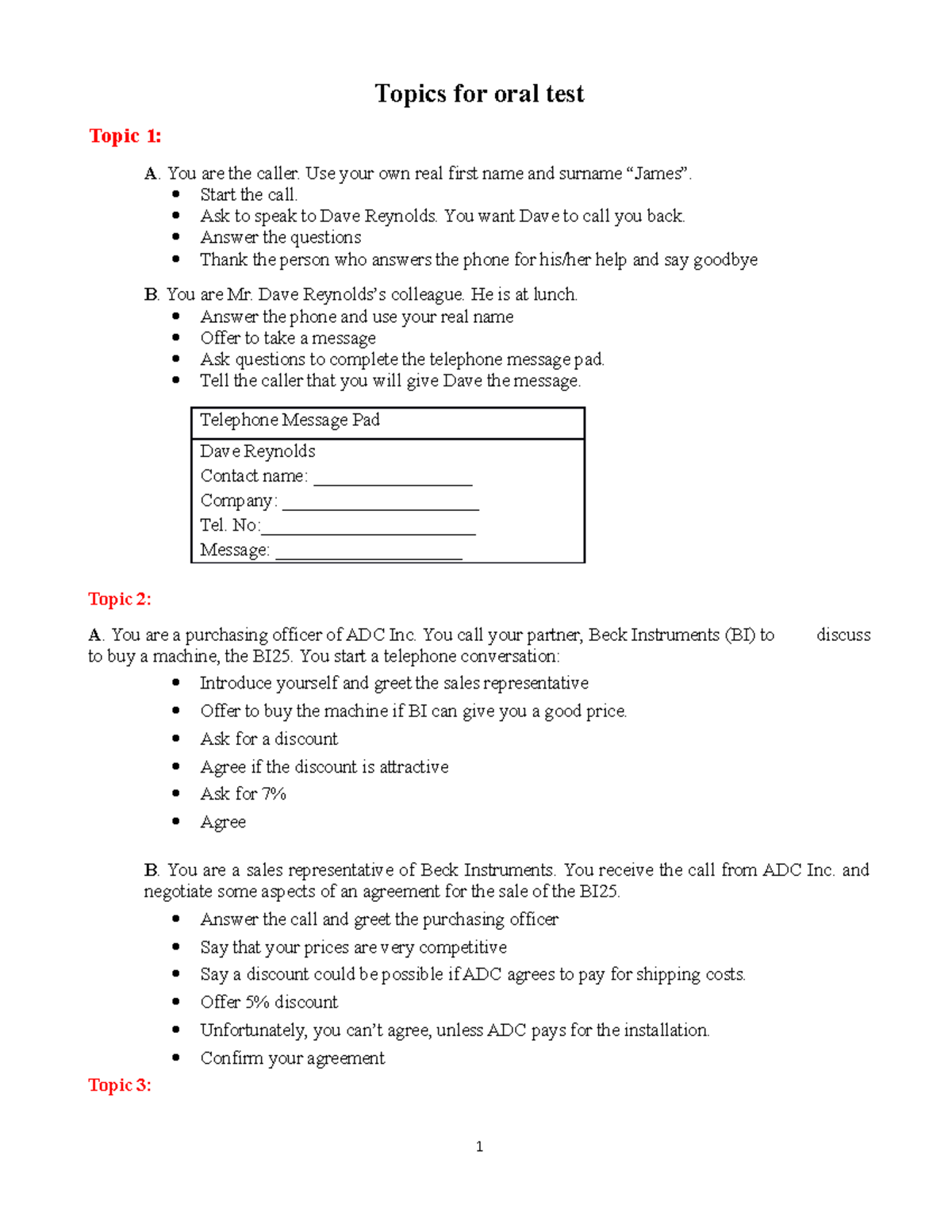 Topics for oral test-3-23 - Topics for oral test Topic 1: A. You are ...