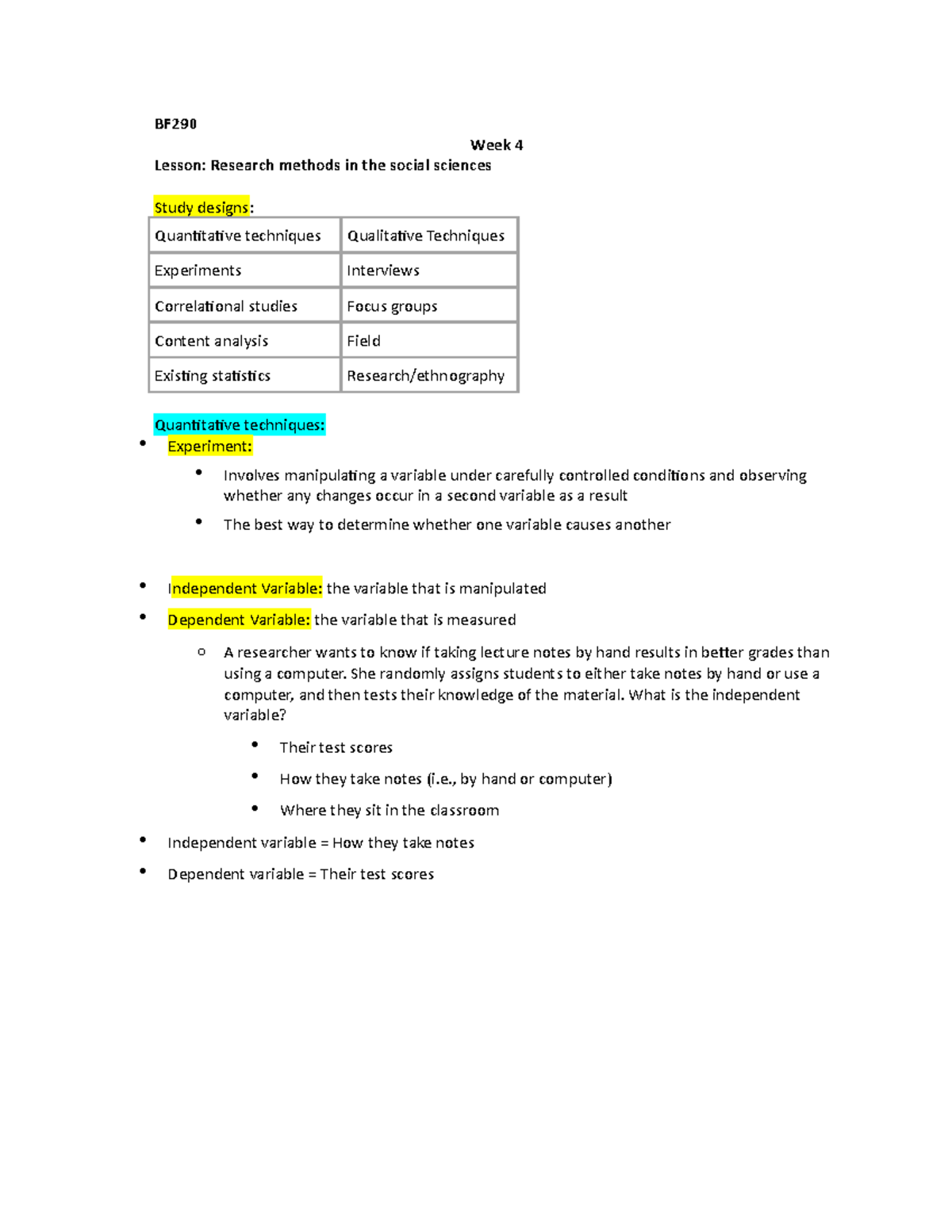 Week 4 notes - BF Week 4 Lesson: Research methods in the social ...