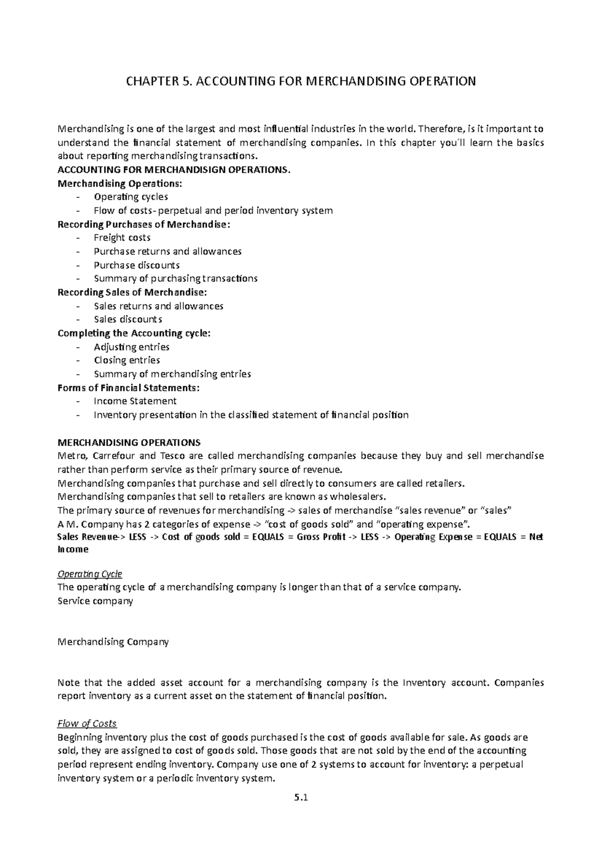 5. Accounting for Merchandising operation - CHAPTER 5. ACCOUNTING FOR ...