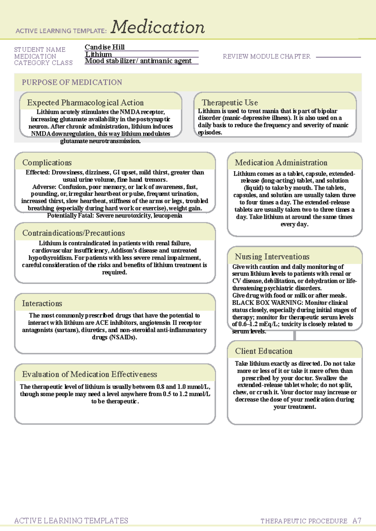 Lithium - med sheet - PHARM - 2 - STUDENT NAME MEDICATION REVIEW MODULE ...