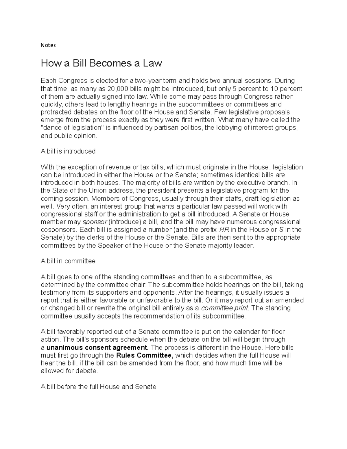 Document 3 - history - Notes How a Bill Becomes a Law Each Congress is ...