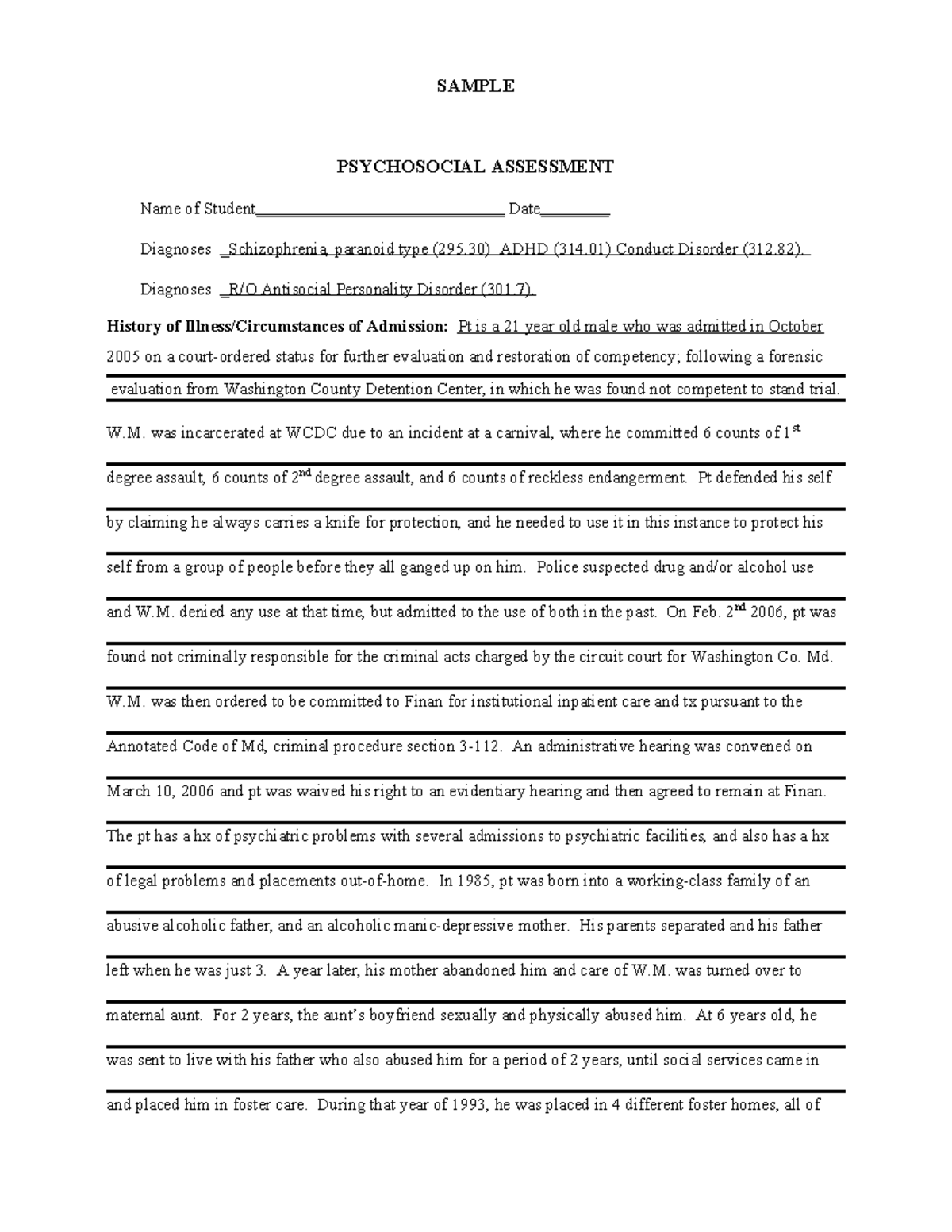 Sample Psych Assessment - SAMPLE PSYCHOSOCIAL ASSESSMENT Name of - Studocu