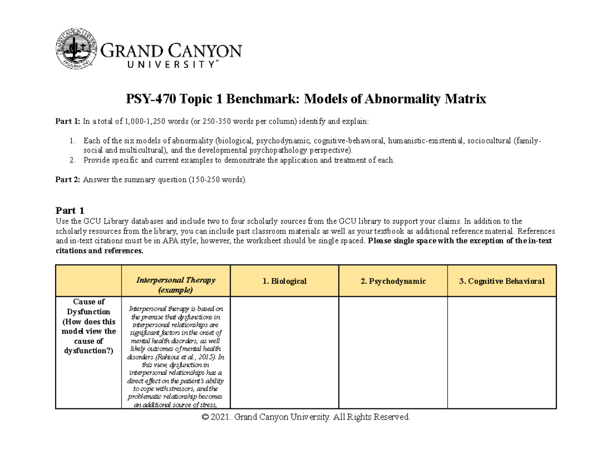 PSY-470-RS-T1-Modelsof Abnormality Matrix Assignment - PSY-470 Topic 1 ...