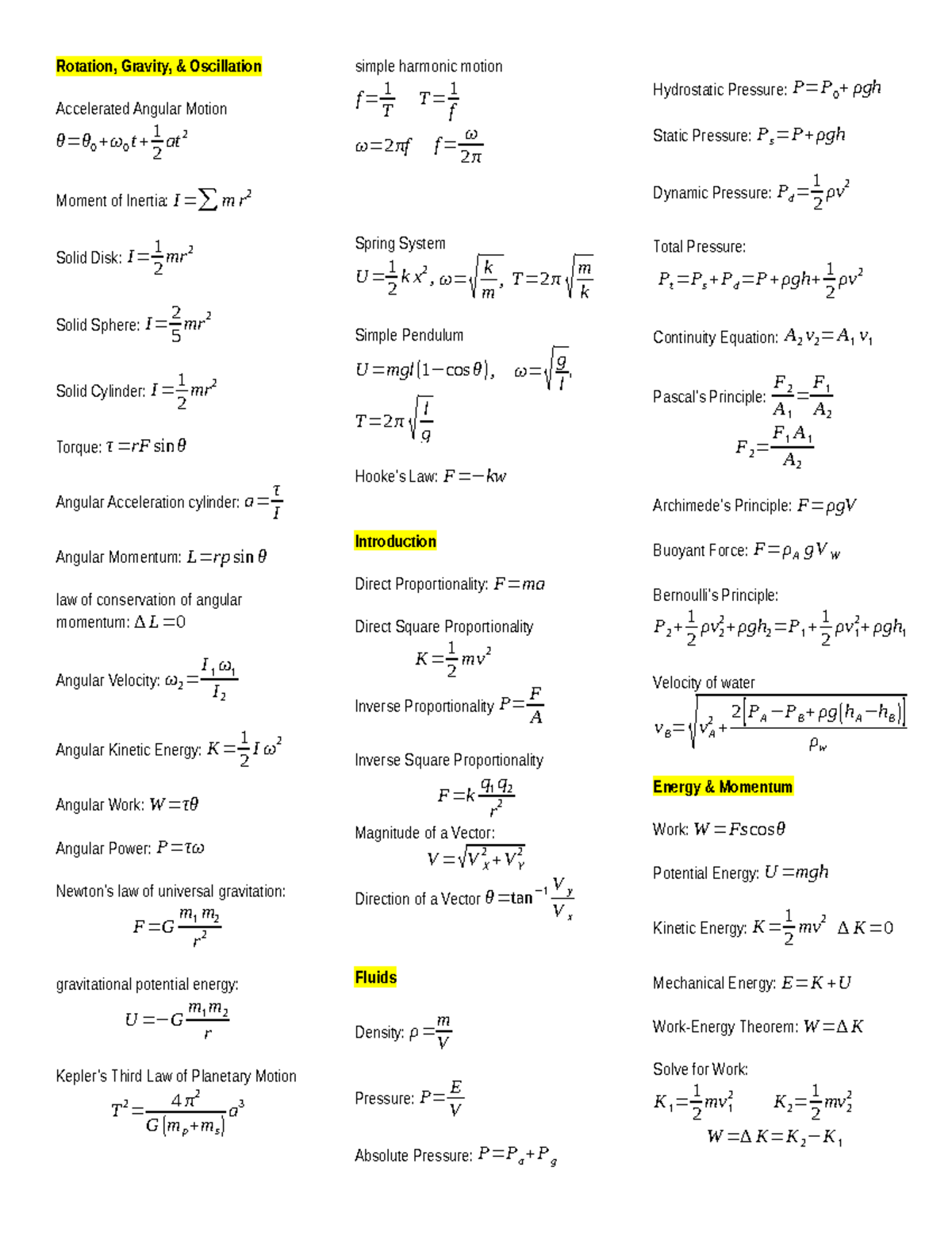P6 Formulas - Rotation, Gravity, & Oscillation Accelerated Angular ...