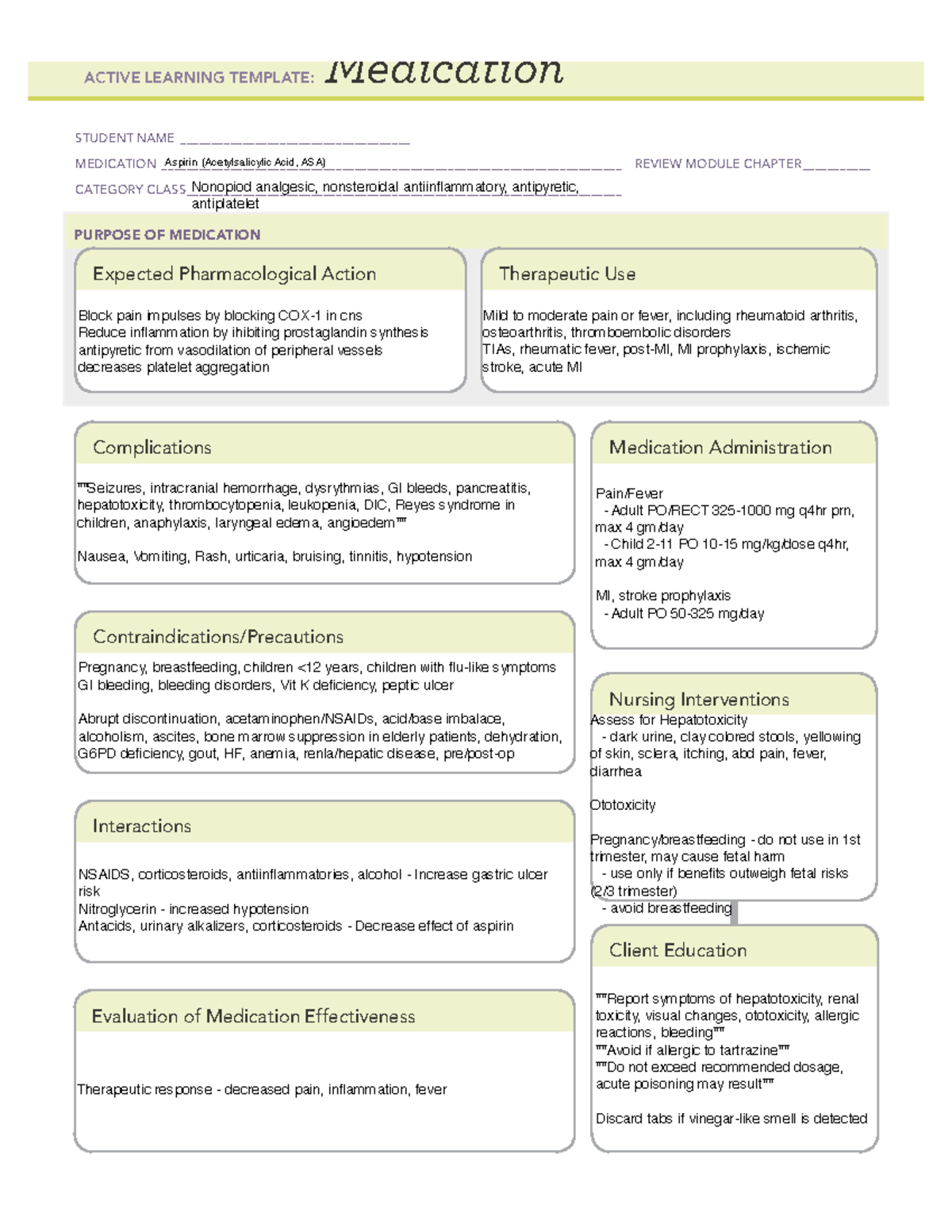 Aspirin - ACTIVE LEARNING TEMPLATES THERAPEUTIC PROCEDURE A Medication ...