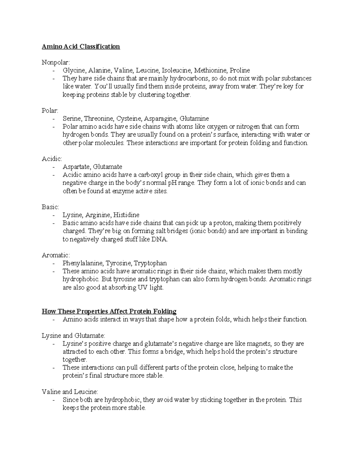Amino acids biochem lab - Amino Acid Classification Nonpolar: - Glycine ...