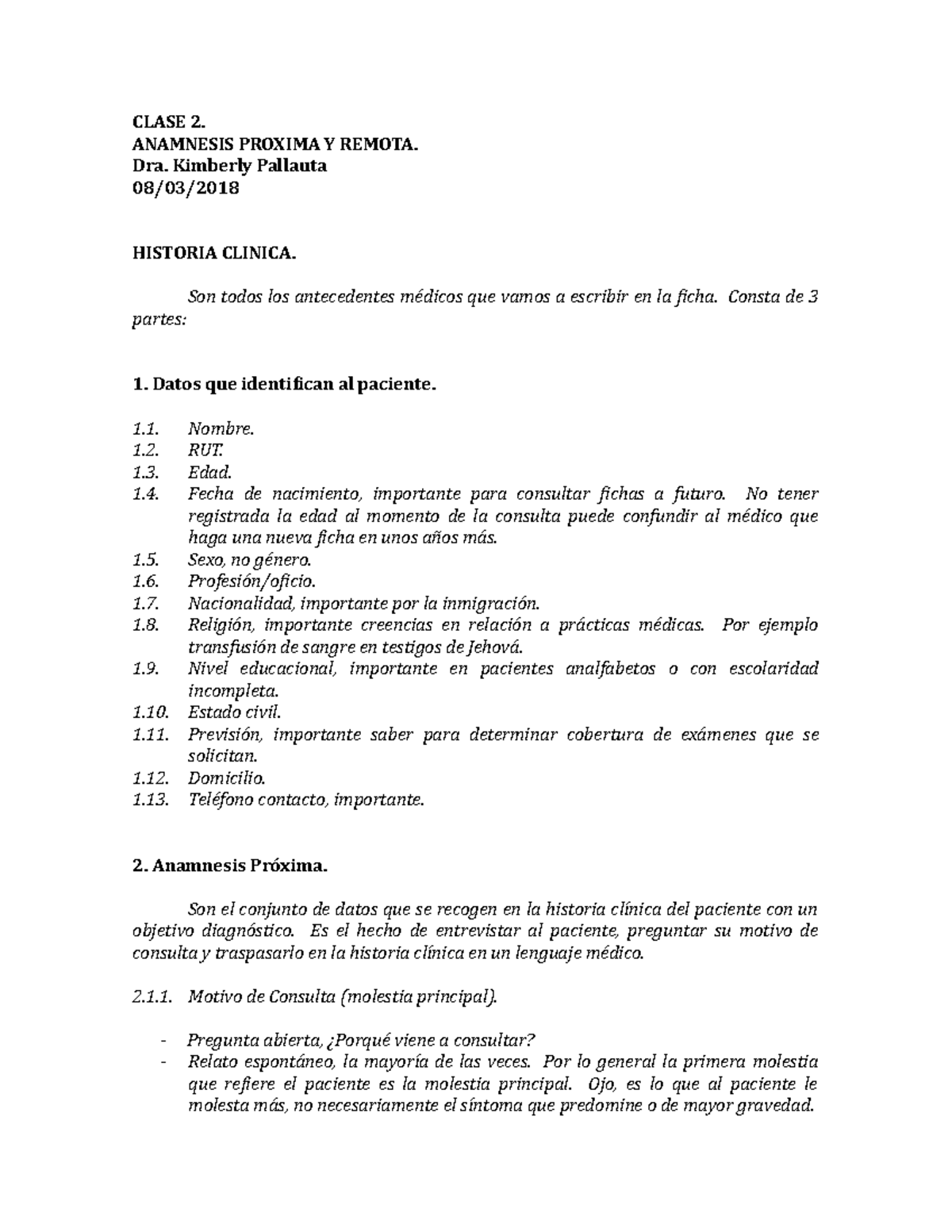 Clase 3 y 4. Anamnesis Próxima y Remota - CLASE 2. ANAMNESIS PROXIMA Y ...