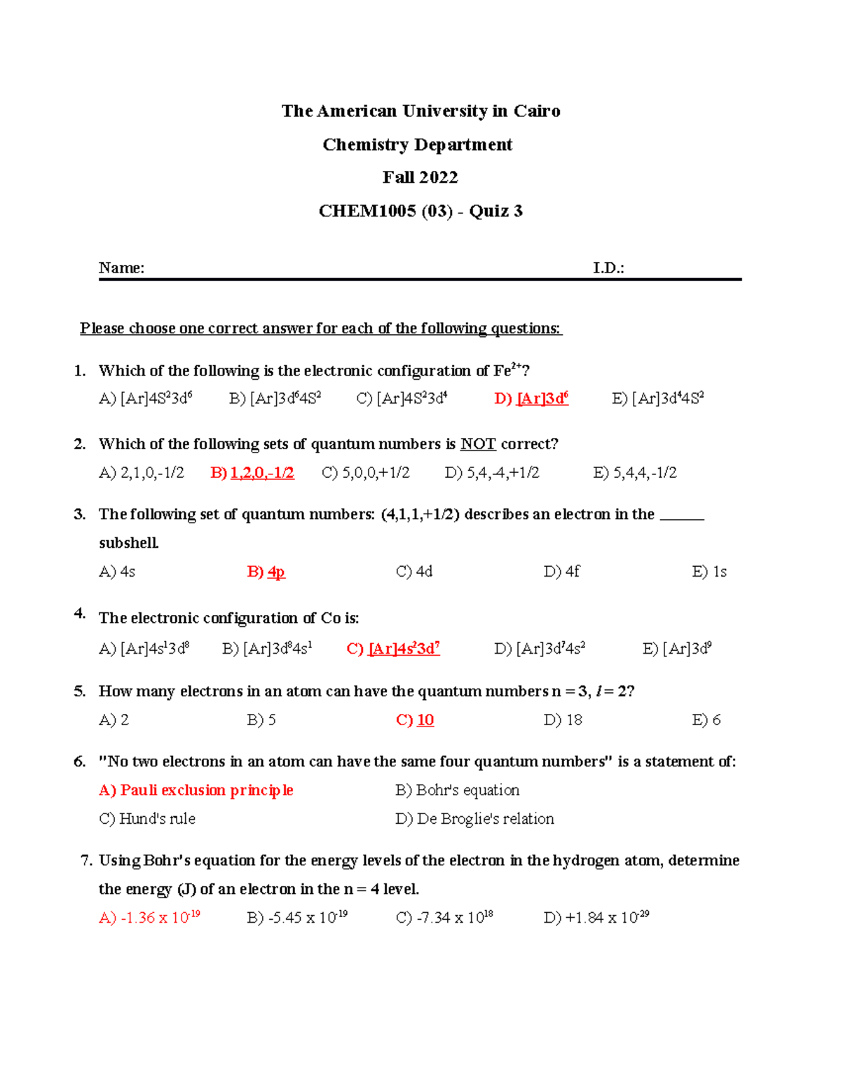 Quiz 3 - key - Copy - Quiz with Solutions - The American University in ...