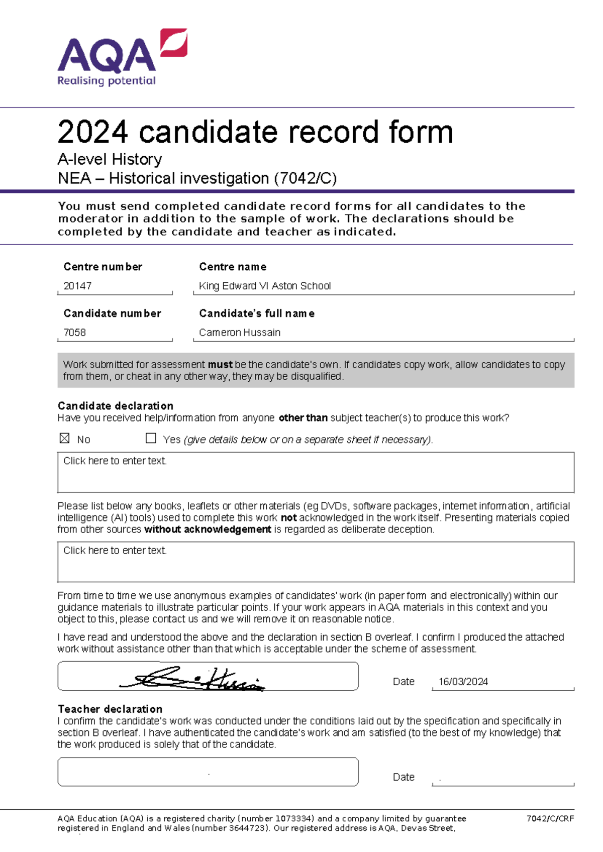 AQA 7042C CRF 24 - it is an introcutory class for a level notes on ...