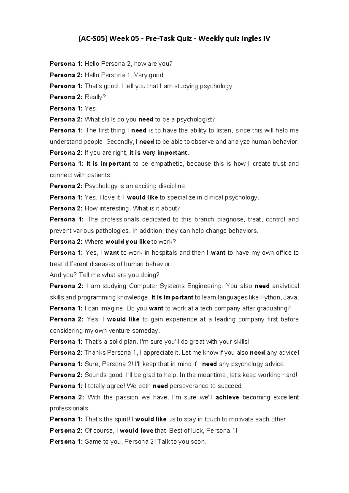 (AC-S05) Week 05 - Pre-Task Quiz - Weekly quiz Ingles IV - Very good ...