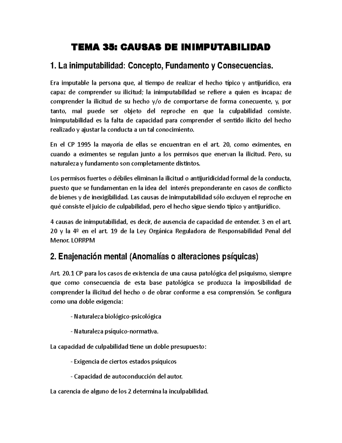 Tema 35 - Profesor Juesas - TEMA 35: CAUSAS DE INIMPUTABILIDAD 1. La ...