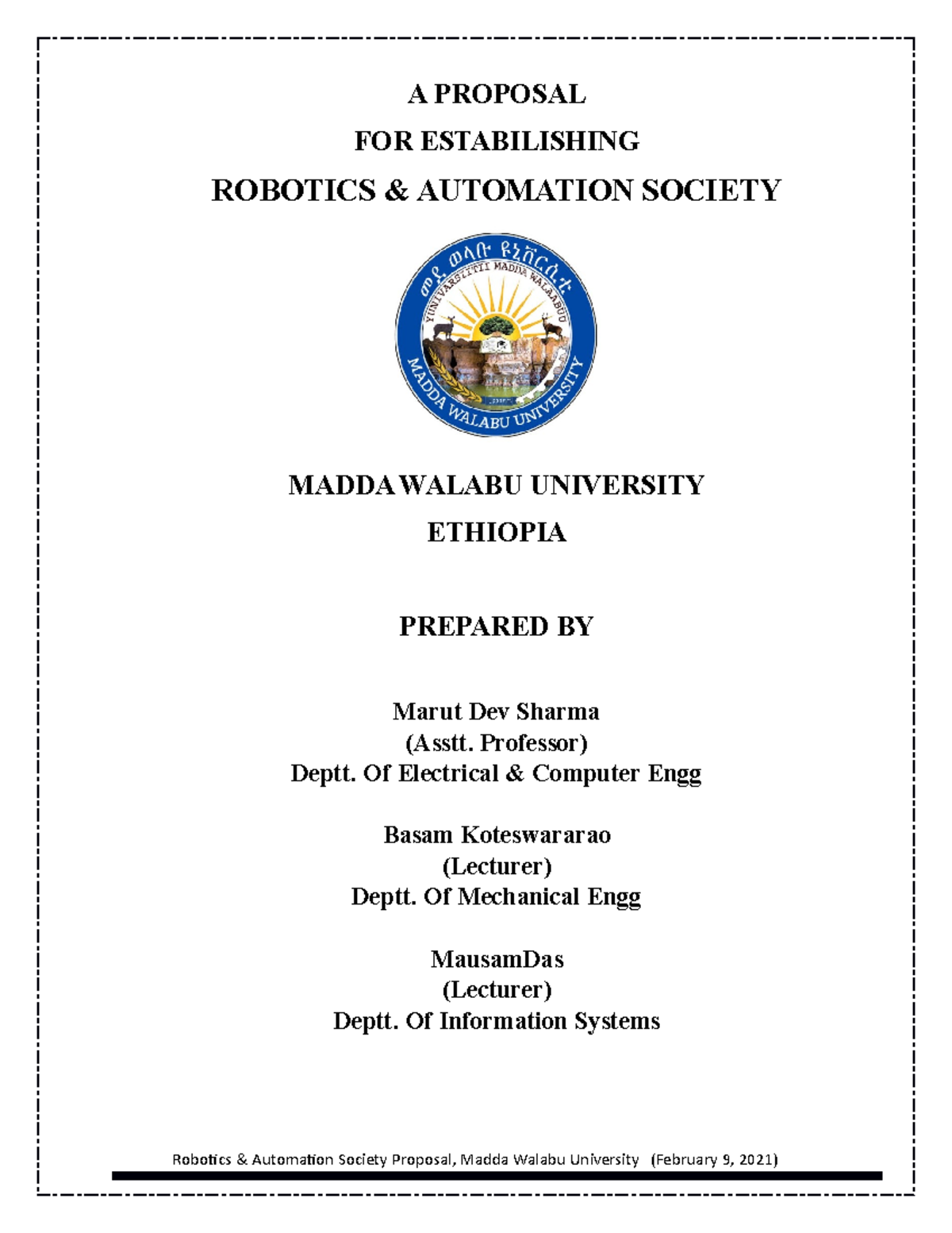 Proposal RAS - A PROPOSAL FOR ESTABILISHING ROBOTICS & AUTOMATION SOCIETY MADDA WALABU - Studocu