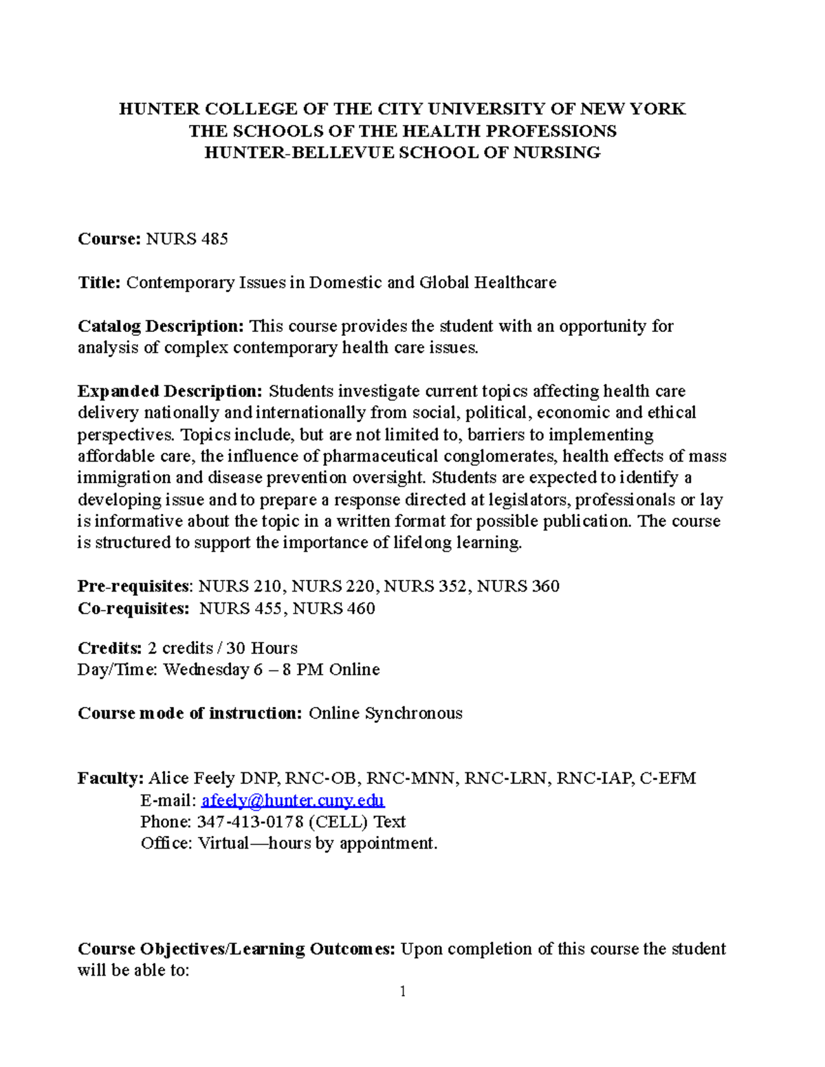 Syllabus N485 Fall23 - 9000000 - HUNTER COLLEGE OF THE CITY UNIVERSITY ...