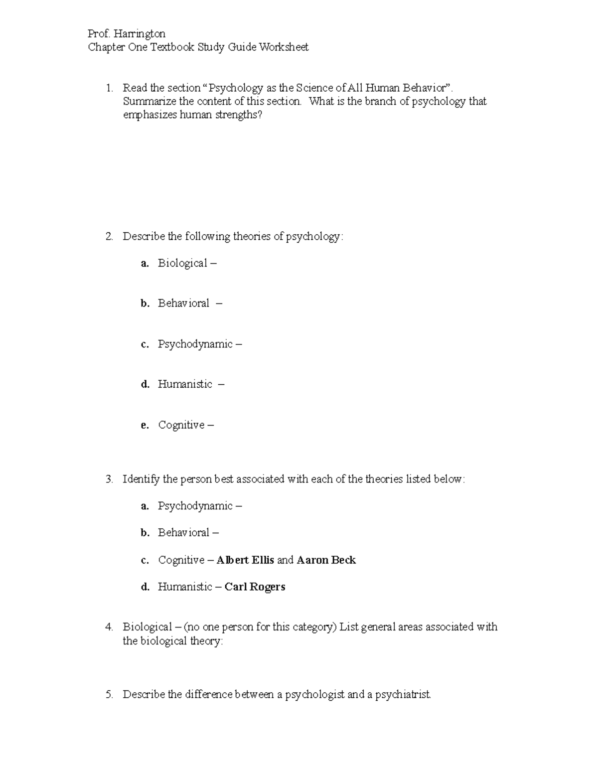 PSY 101 Chapter 1 worksheet - Prof. HarringtonChapter One Textbook ...