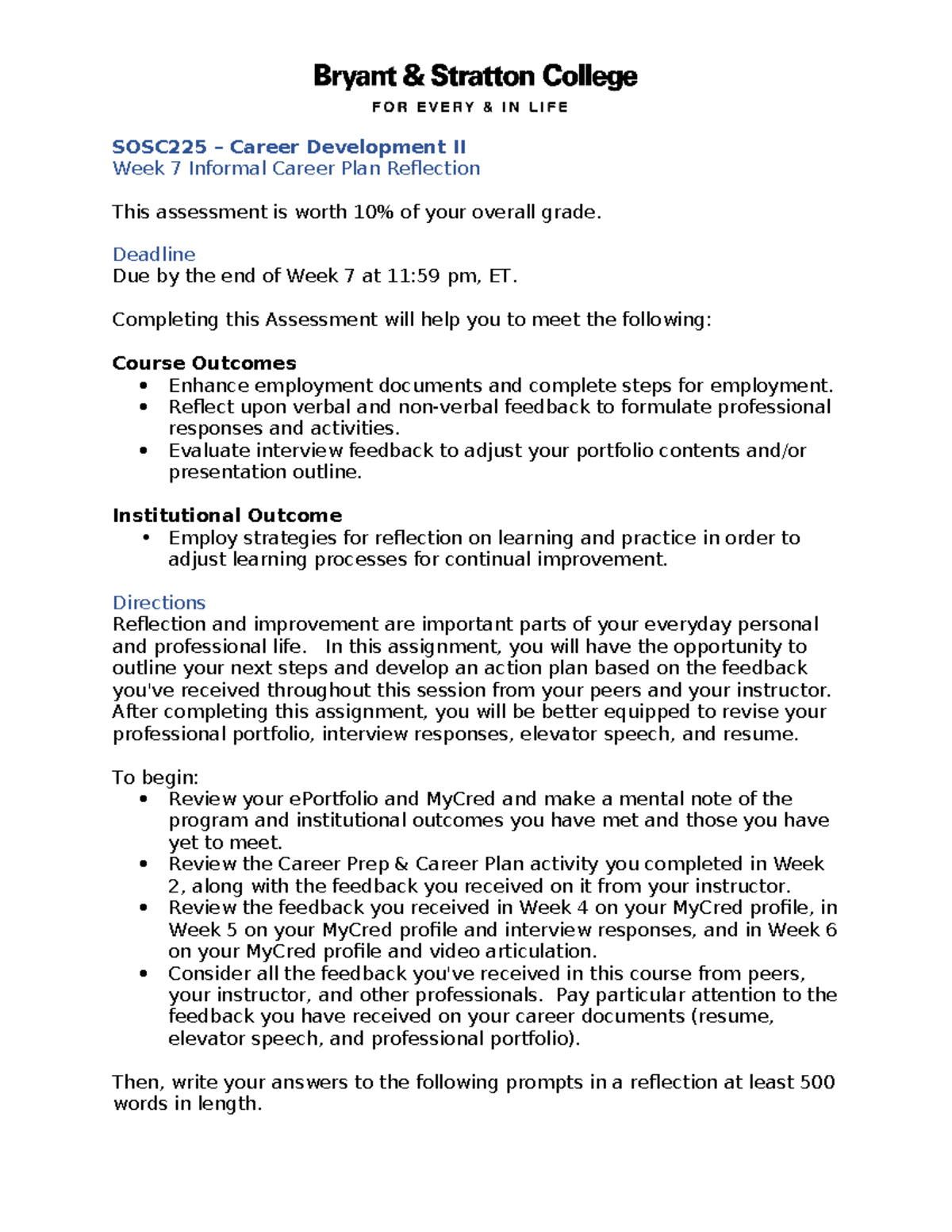 SOSC225 Week 7 Informal Career Plan - SOSC225 – Career Development II ...