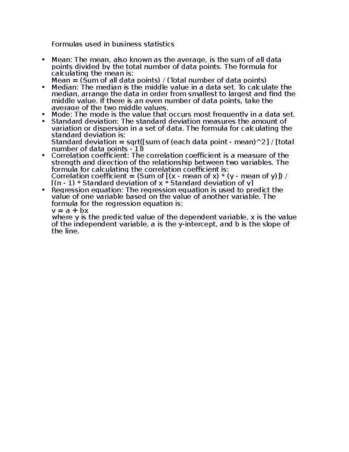 Formulas used in business statistics - The formula for calculating the ...