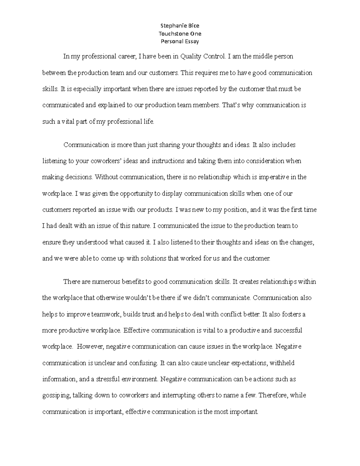 Workplace Writing I, Touchstone 1 Personal Essay - Touchstone ...