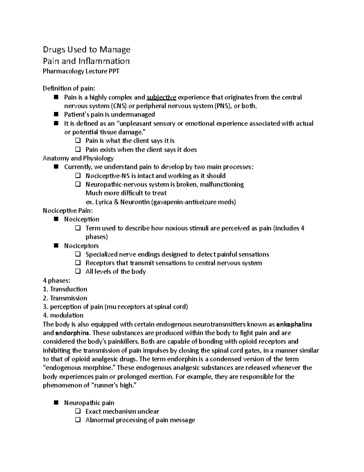 Drugs Used to Manage Pain and Inflammation Pharm PPT - Drugs Used to ...