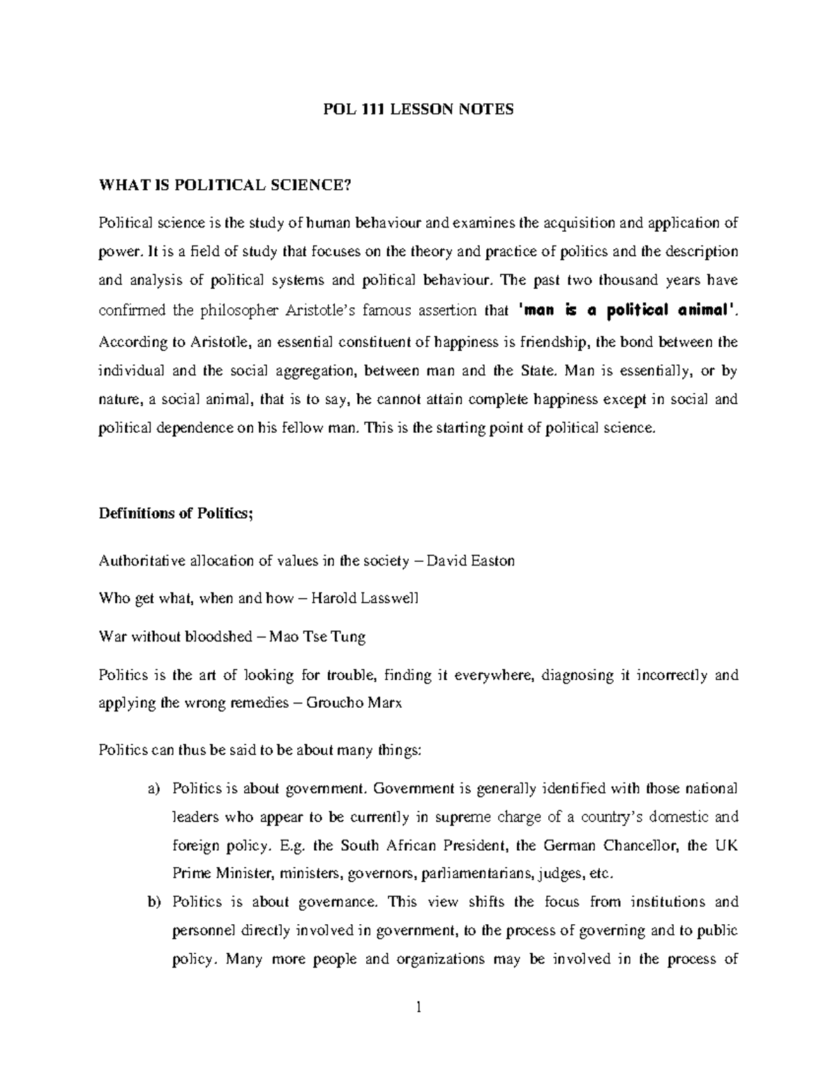 POL 111 Lesson Notes 2023 - POL 111 LESSON NOTES WHAT IS POLITICAL ...