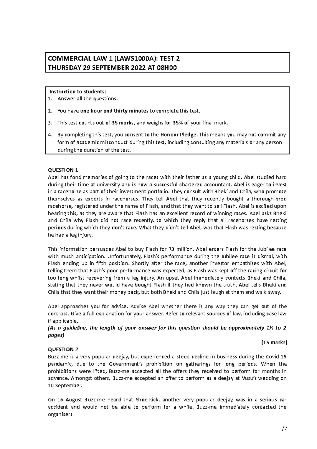 2022 09 IPAC MAIN TEST Final - COMMERCIAL LAW 1 (LAWS1000A): TEST 2 ...