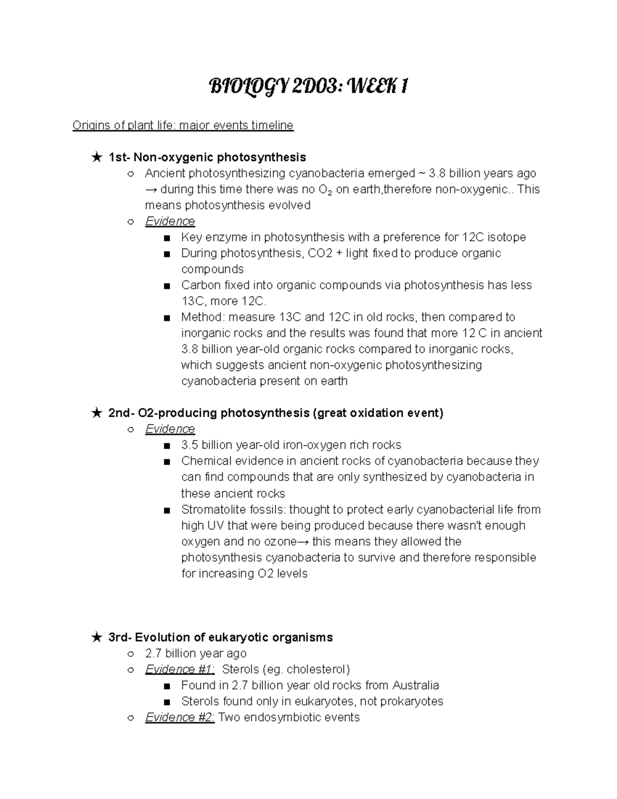Biology 2D03 WEEK 1 - notes for week 1 - BIOLOGY 2D03: WEEK 1 Origins ...