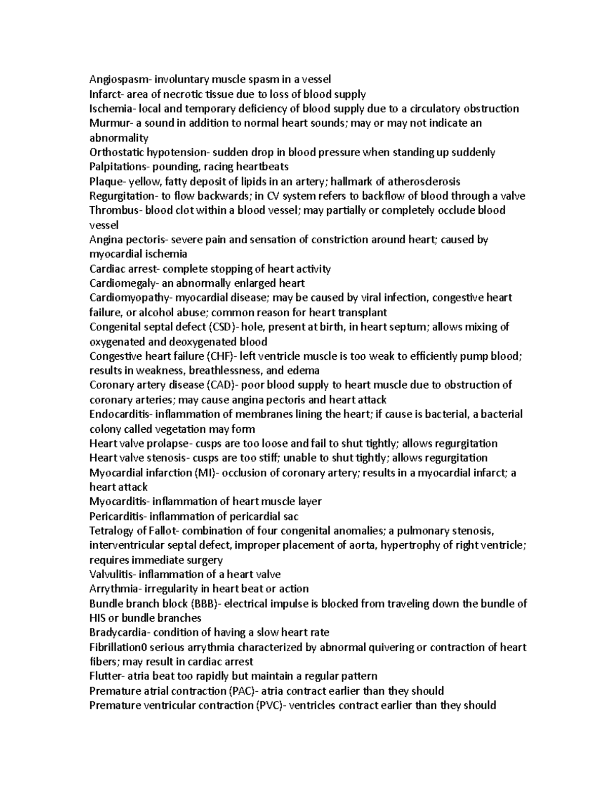 Cardiovascular Terms - Angiospasm- involuntary muscle spasm in a vessel ...