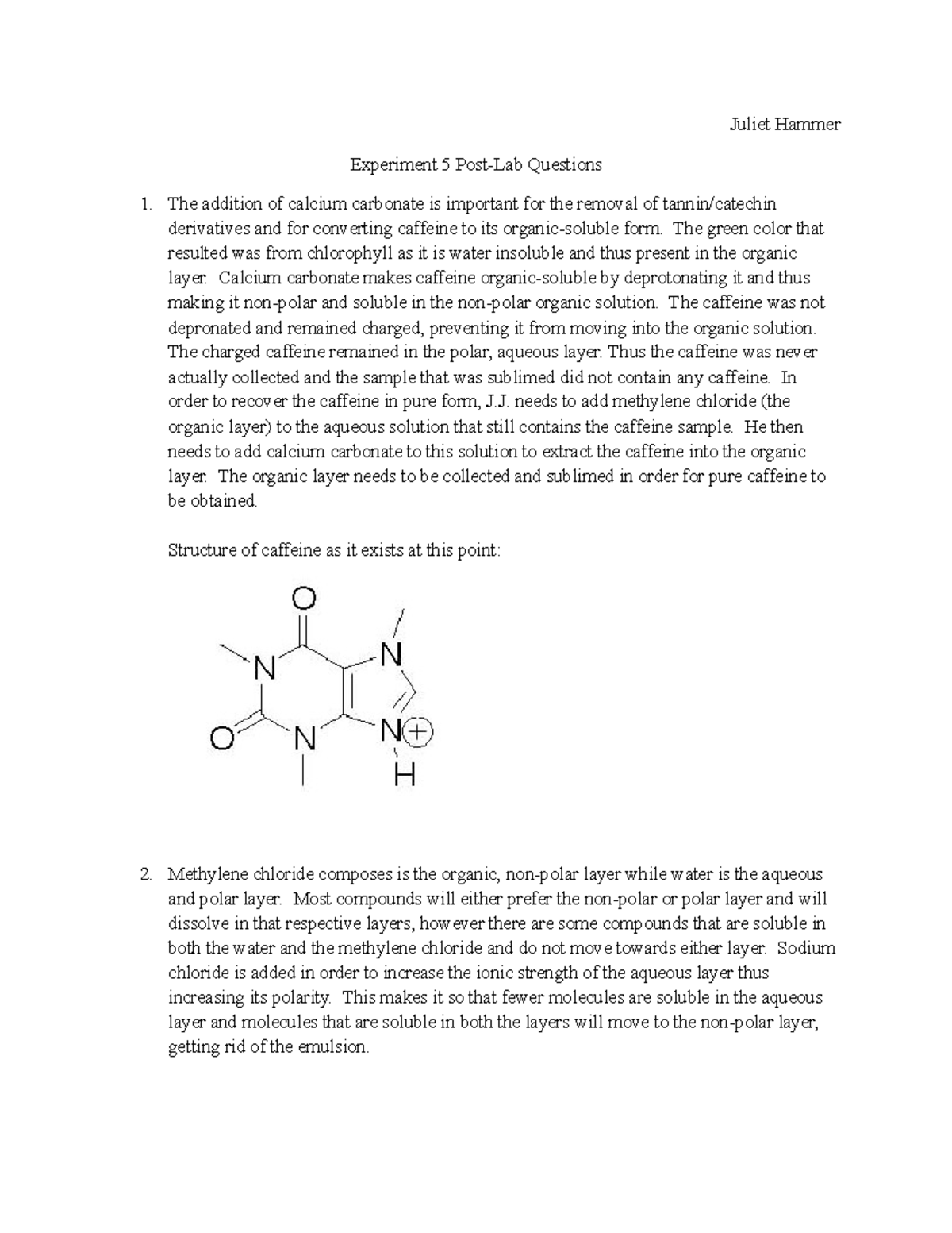 Experiment 5 Post-Lab - expt 5 post lab - Juliet Hammer Experiment 5 Post-Lab Questions The ...