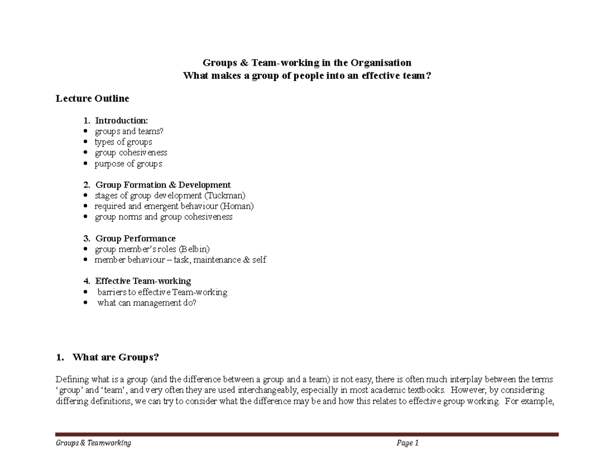 Groups and team working - Groups & Team-working in the Organisation ...